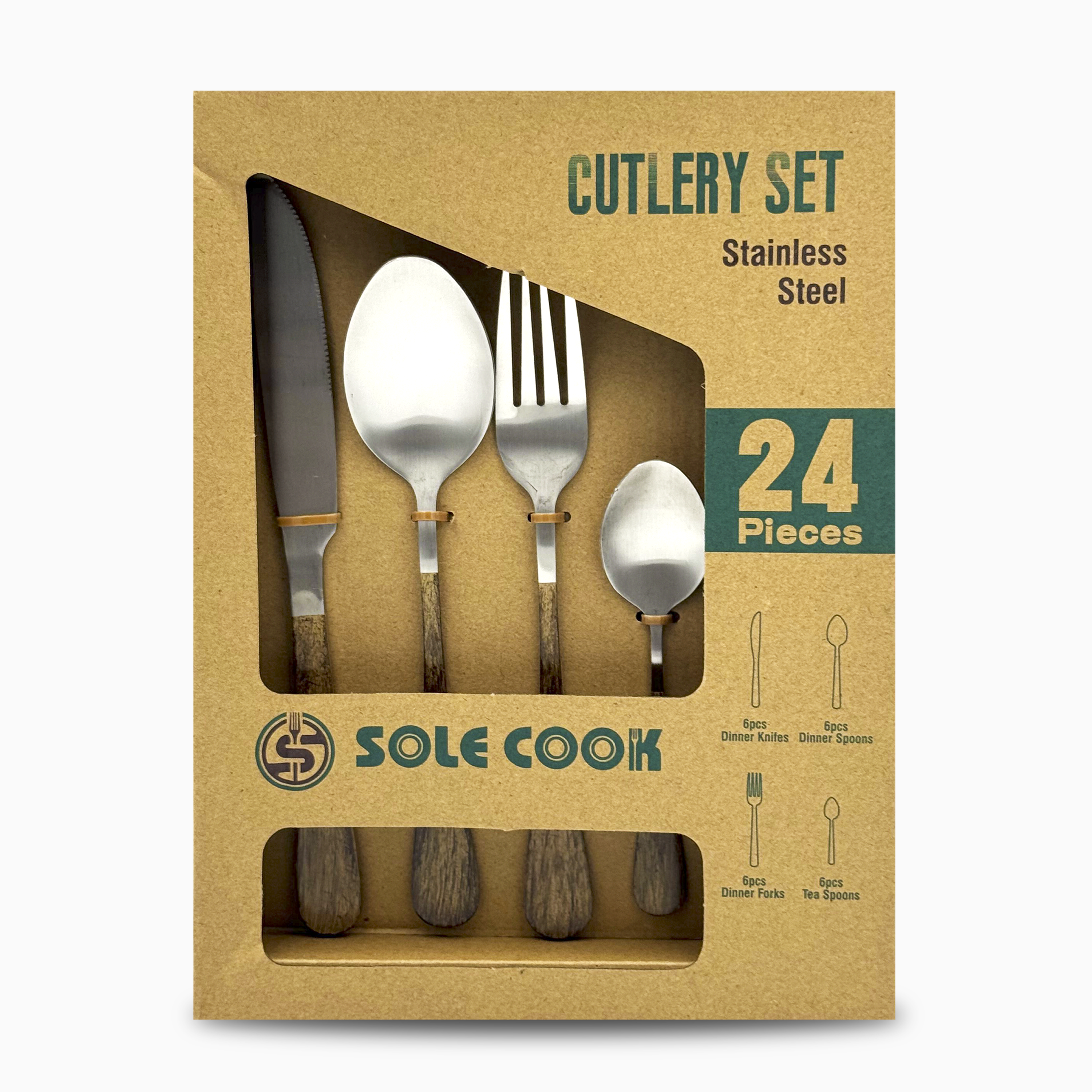 GEM+ | 24-Piece Stainless Steel Cutlery Set with Wood Texture Handle ...